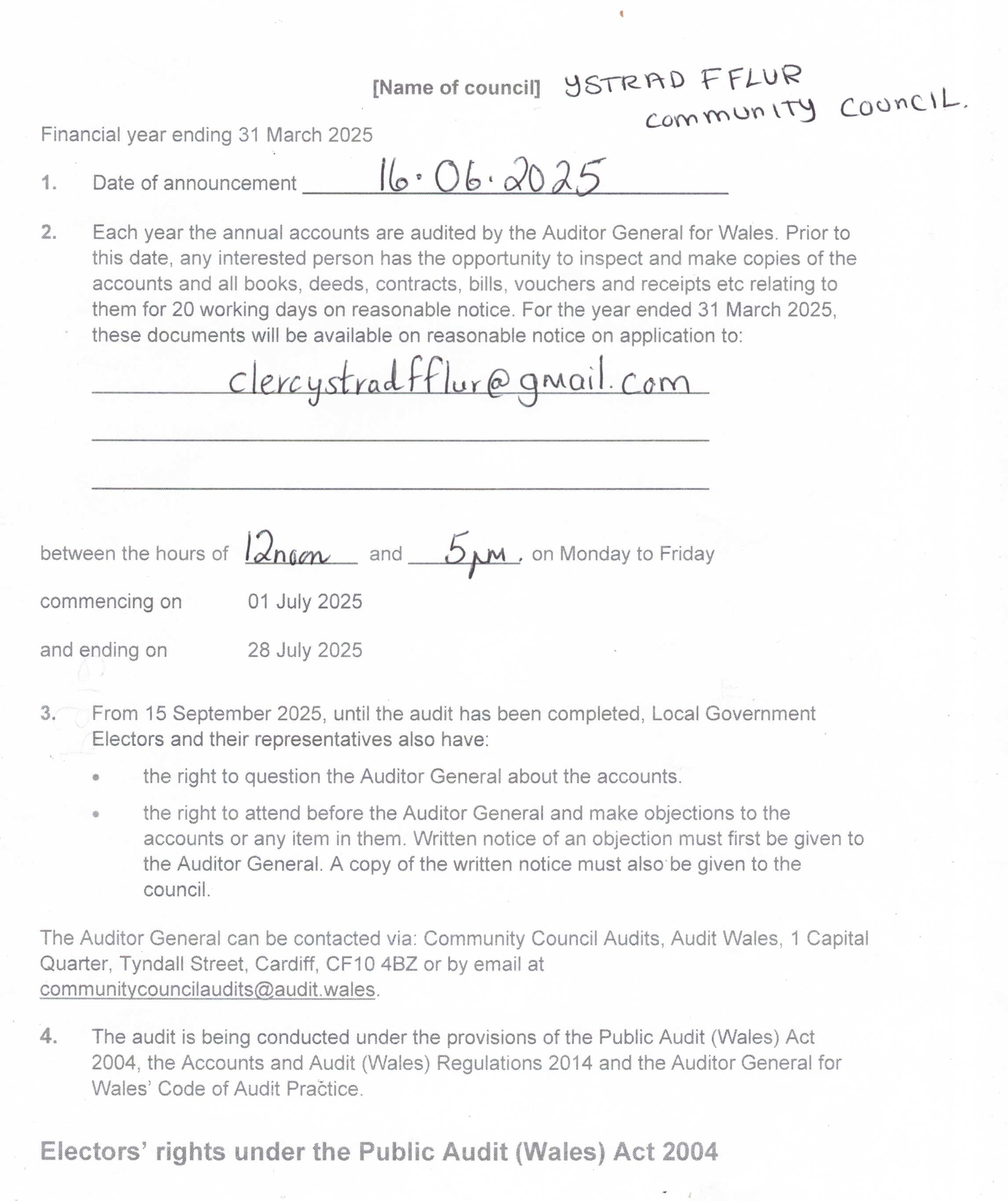 ELECTORS’ RIGHTS AUDIT 2025 | Cyngor Cymuned – Ystrad Fflur – Community ...
